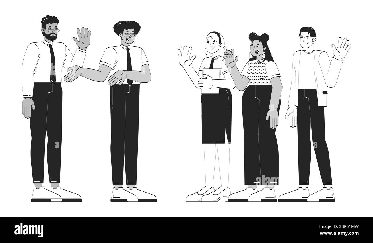 Diverse team greeting new employee doodle lineart illustration Stock ...