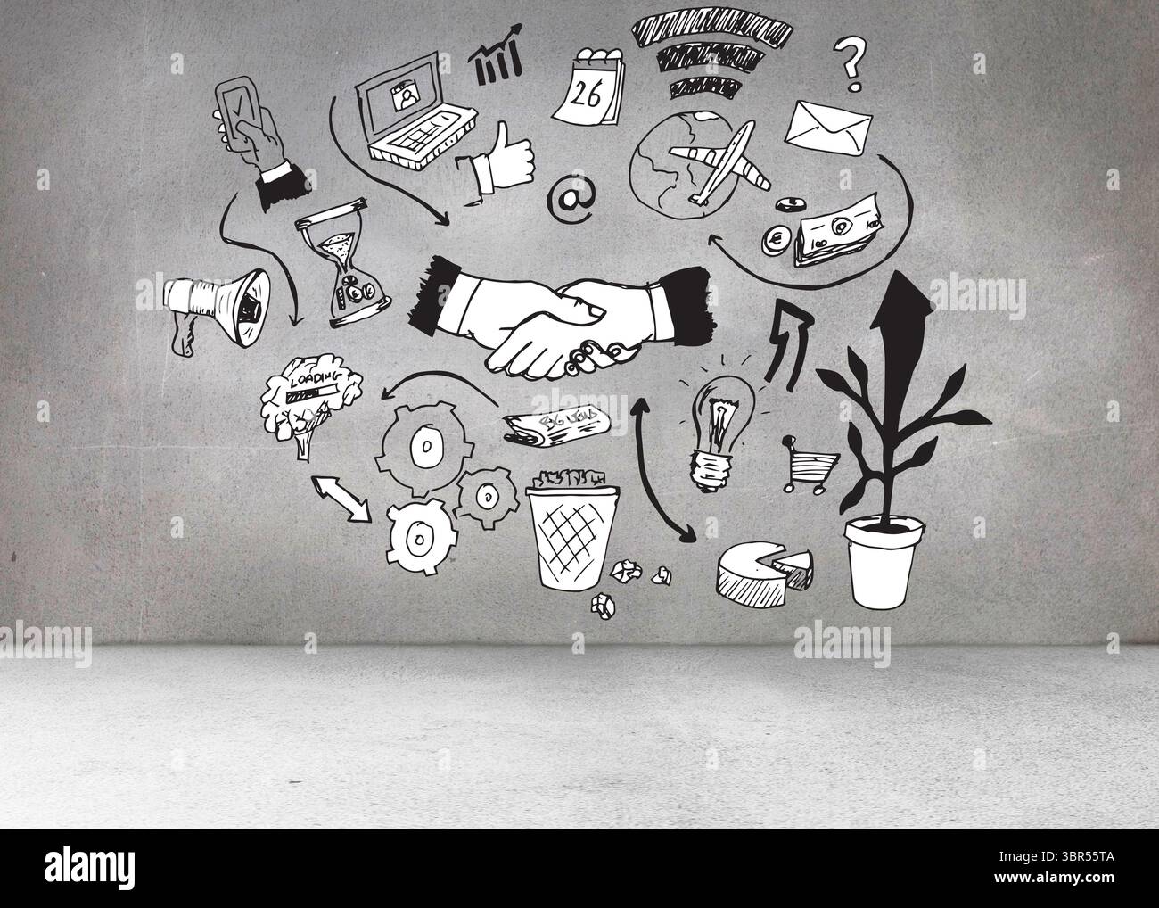 Handshake illustration is linking phone, calendar, lightbulb doodles on ...