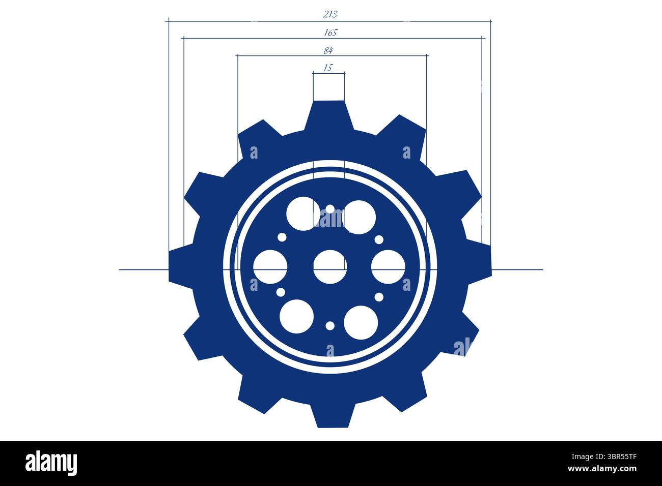 Blue mechanical gear is being shown in flat design with dimension lines ...