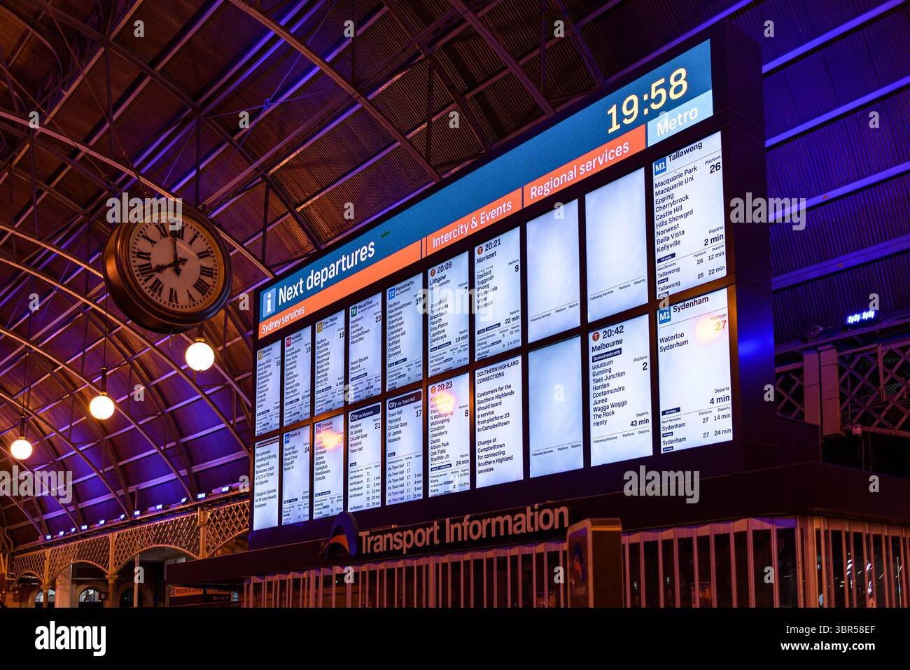 The departure board in the Grand Concourse of Sydney Central Station at ...