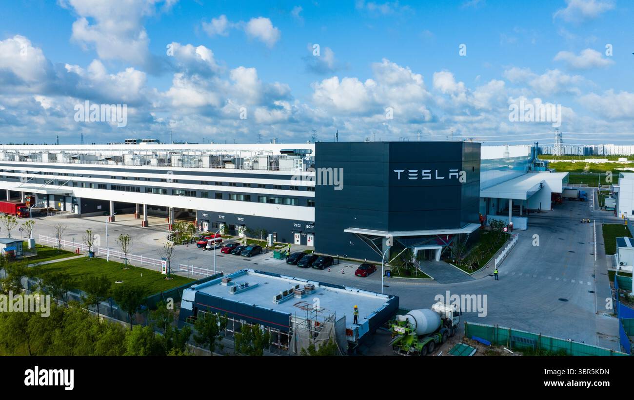 Aerial photo shows the Tesla's Mega factory in Shanghai, China, 9 July ...