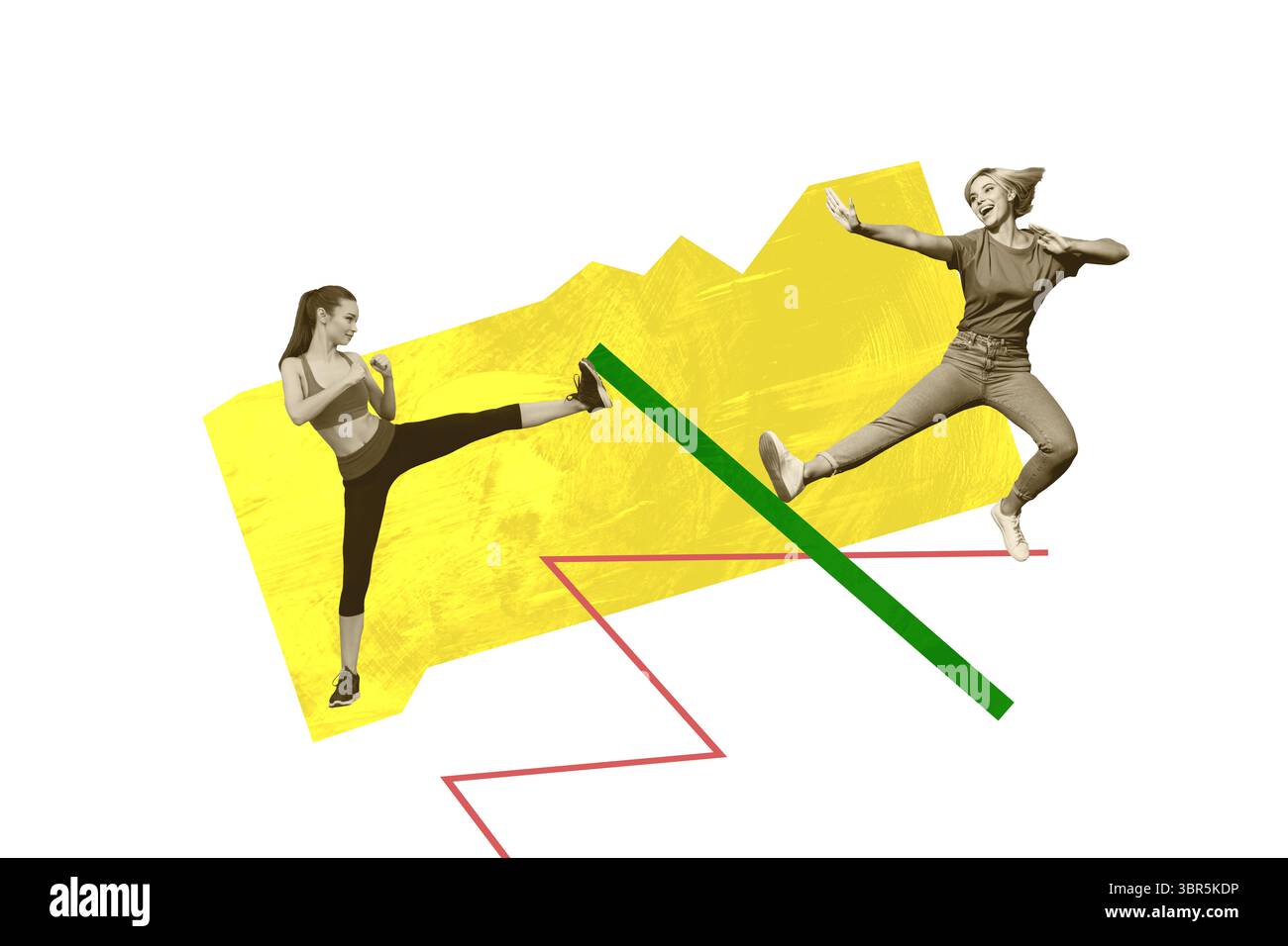 Trend artwork creative sketch 3D collage of two young lady fight karate ...