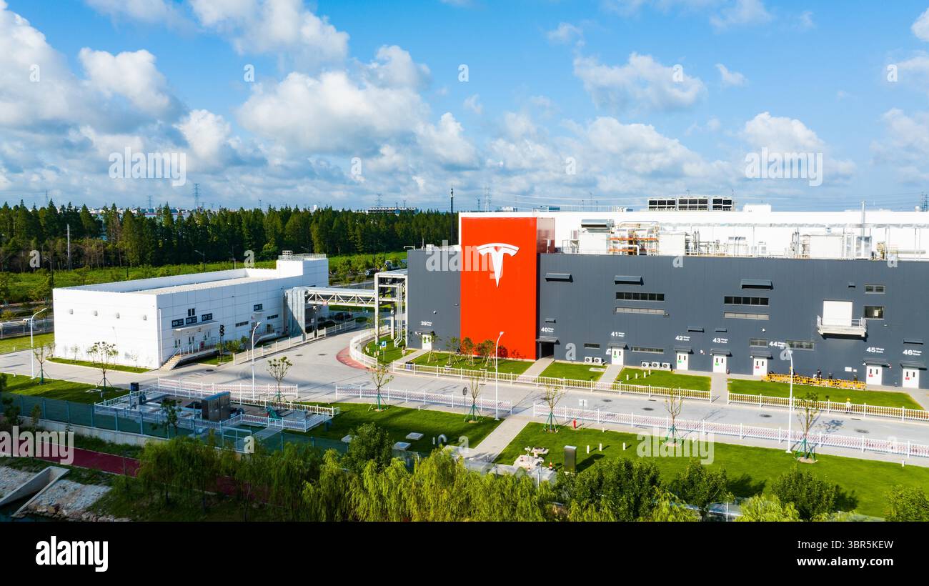 Aerial photo shows the Tesla's Mega factory in Shanghai, China, 9 July ...