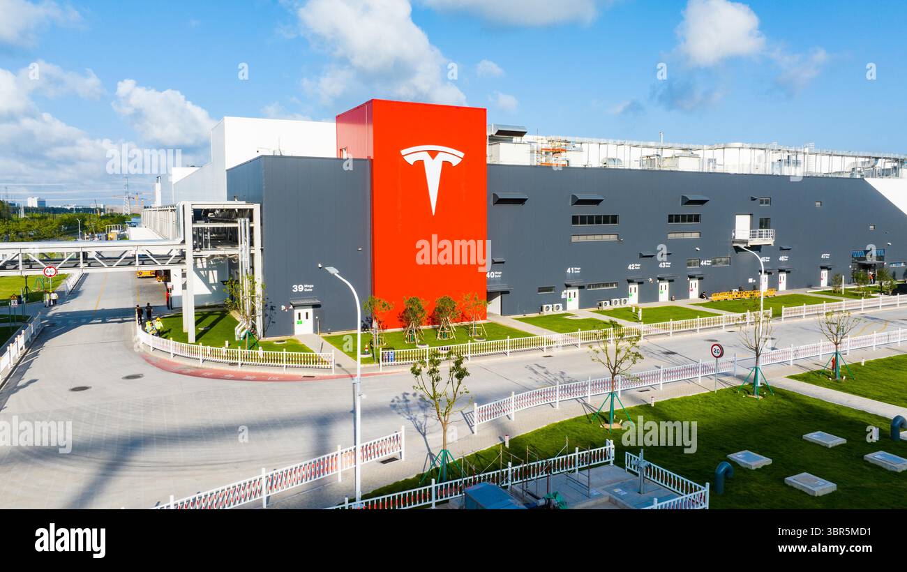 Aerial photo shows the Tesla's Mega factory in Shanghai, China, 9 July ...