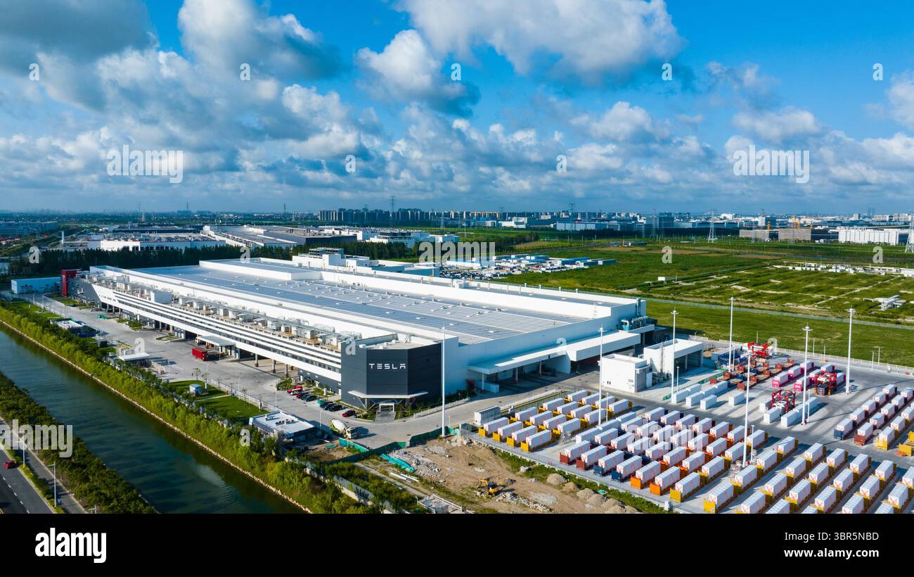 Aerial photo shows the Tesla's Mega factory in Shanghai, China, 9 July ...