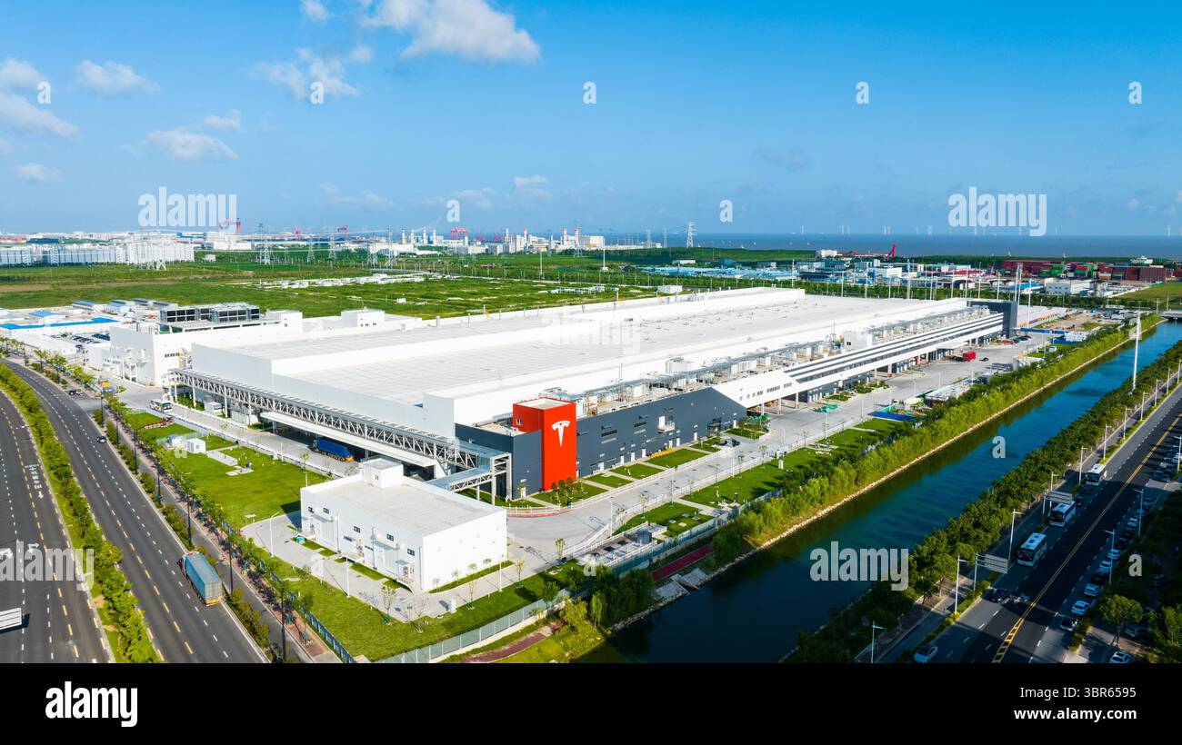 Aerial photo shows the Tesla's Mega factory in Shanghai, China, 9 July ...
