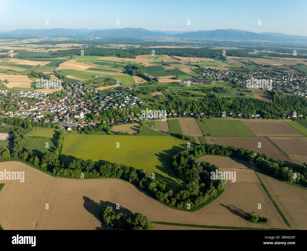 Aerial view of sun-kissed fields meet the verdant embrace of the forest ...