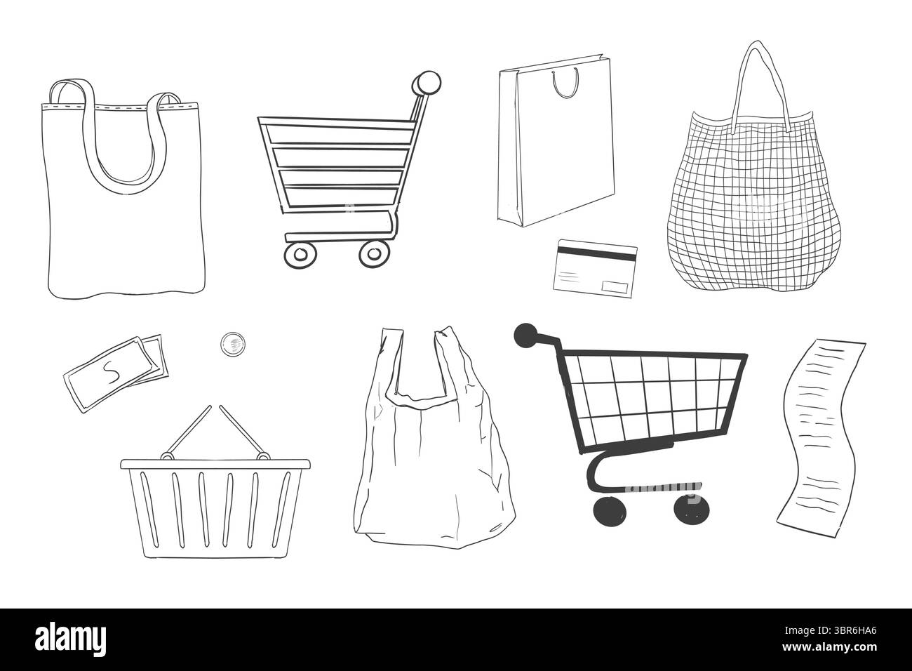 Shopping cart trolley doodle, shopping basket supermarket bag, net ...