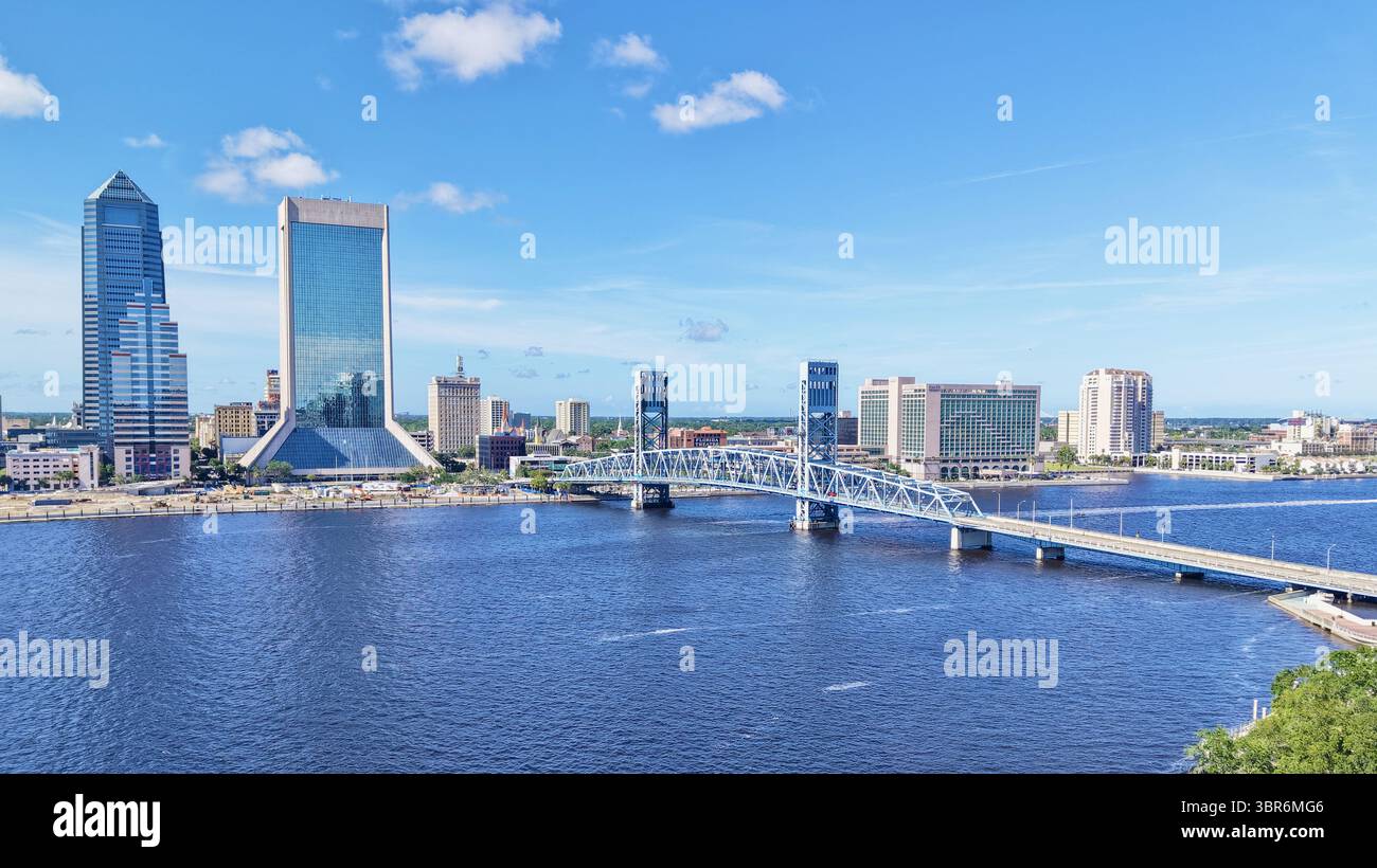 Aerial view of the Main Street Bridge stretching over the shimmering St ...