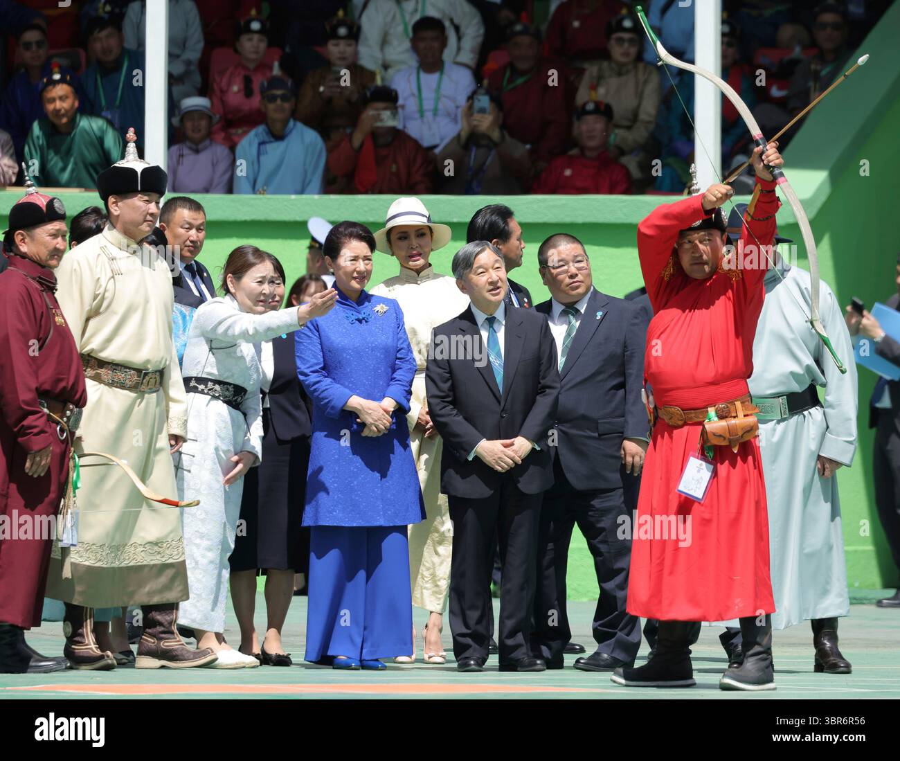Japanese Emperor Naruhito and Empress Masako visit the National Central Stadium to watch the ...