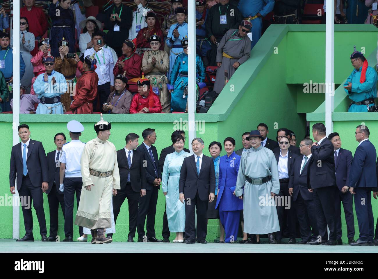 Japanese Emperor Naruhito and Empress Masako visit the National Central Stadium to watch the ...
