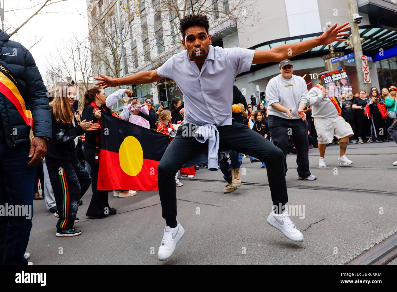 A participant performs a traditional dance during the VIC NAIDOC March ...