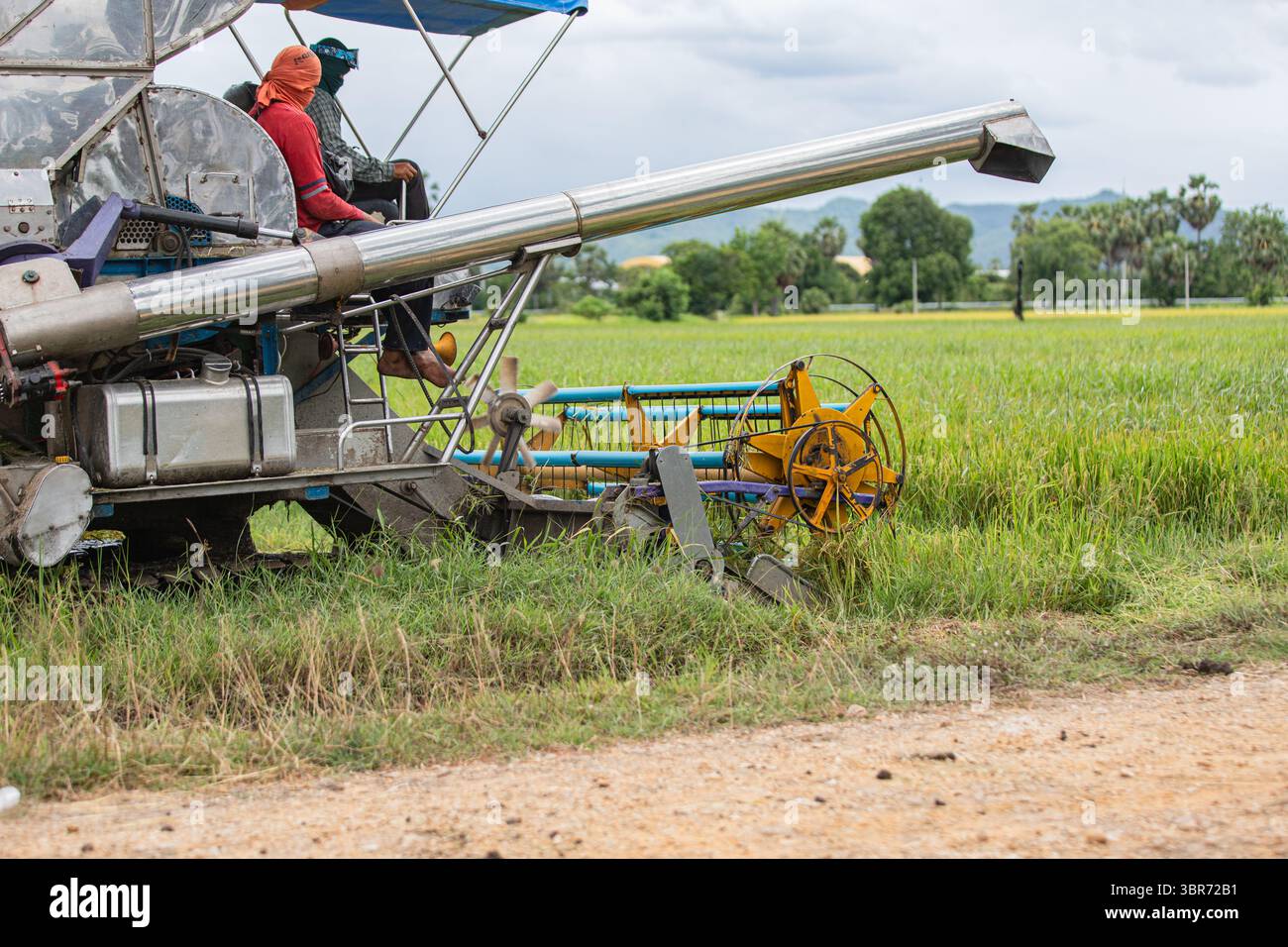 Workers on rice harvester in Thai countryside Stock Photo - Alamy