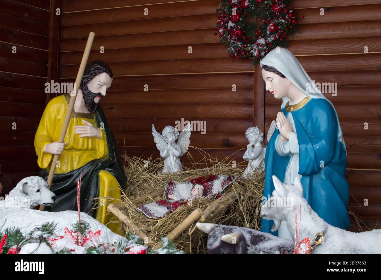 Christmas nativity scene of the birth of Jesus in the cradle of animals ...