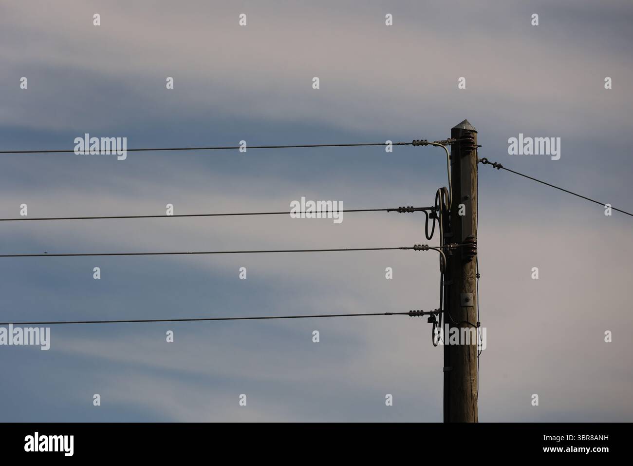 A tall wooden pole with three wires hanging from it Stock Photo - Alamy