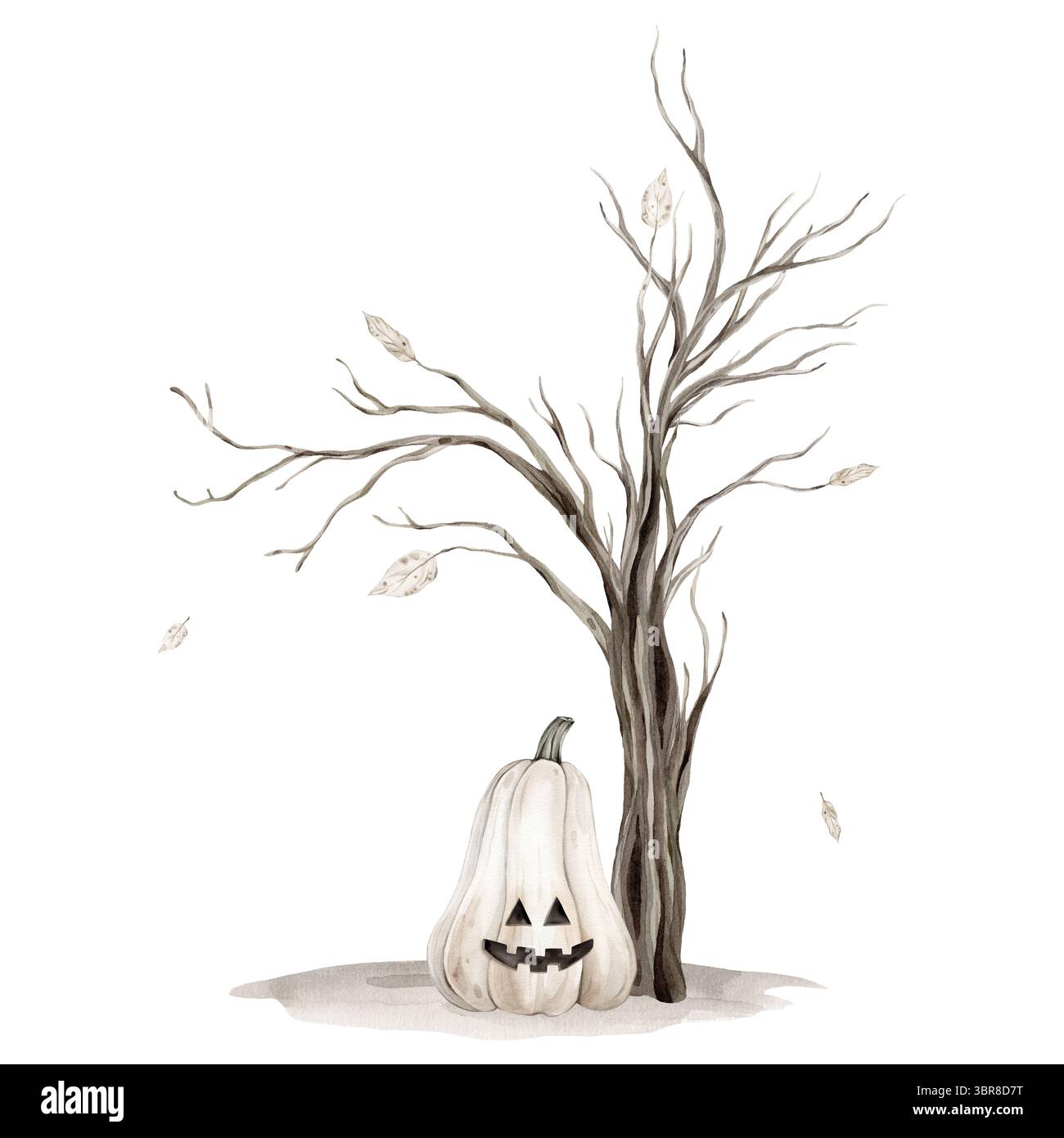 Watercolor illustration Tree without leaves silhouette and white ...