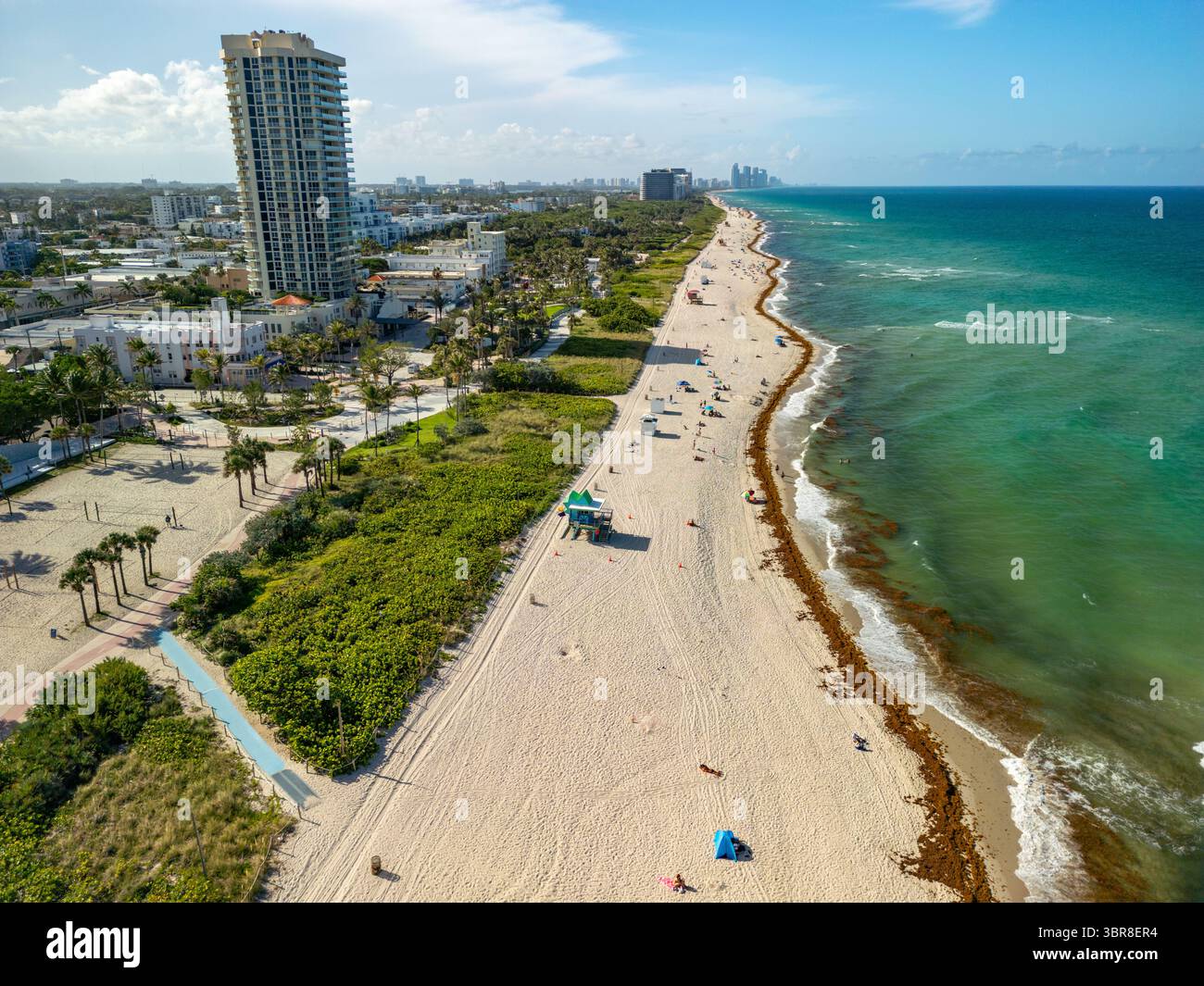 Aerial view of sun-kissed beach meeting the turquoise ocean, high-rise ...
