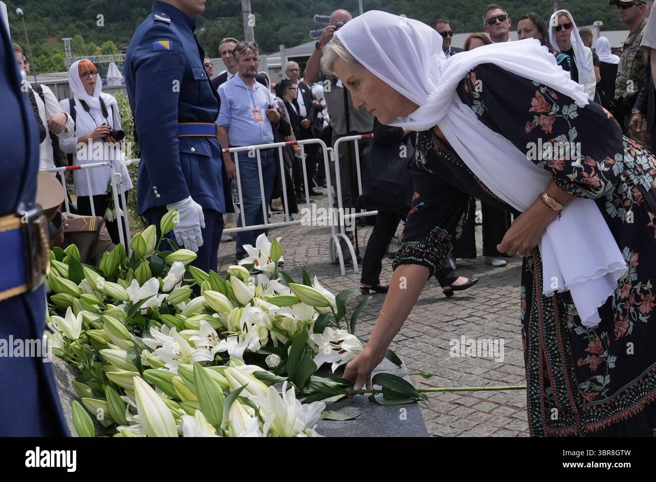 The Duchess of Edinburgh lays flowers at memorial to the victims of the Srebrenica massacre at ...