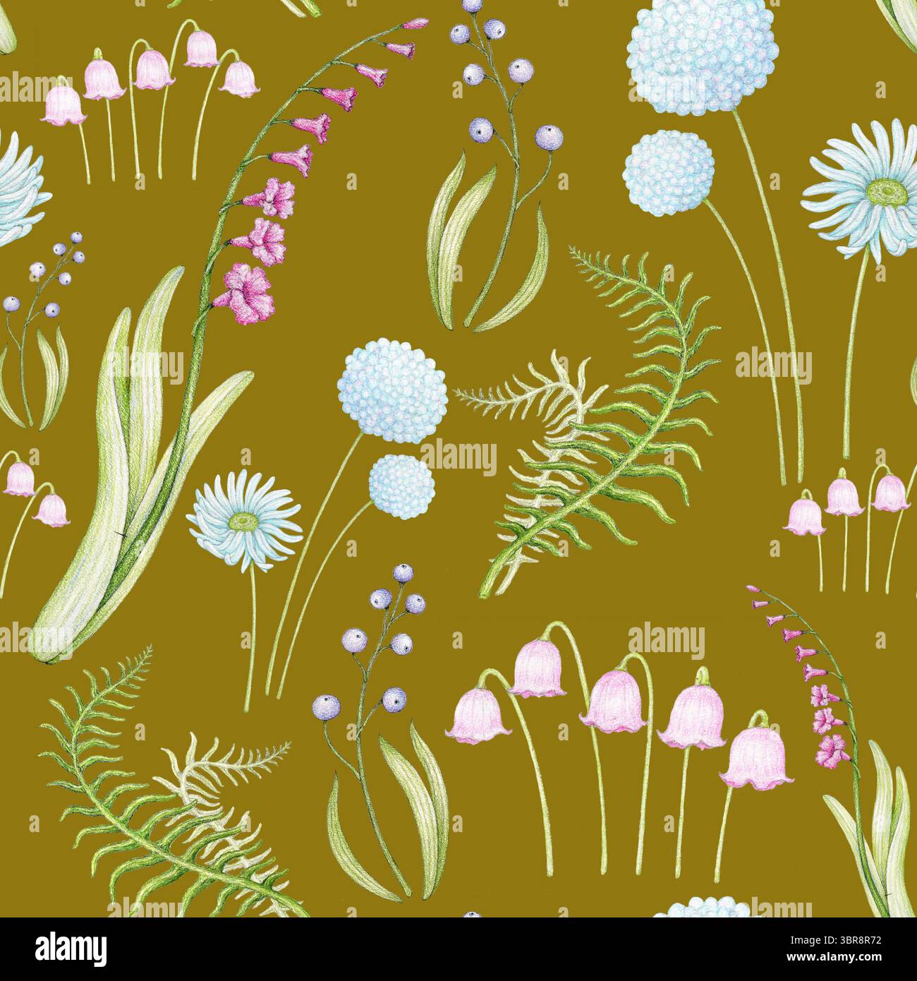 Hand drawn seamless pattern of wildflowers in colored pencil, vintage ...