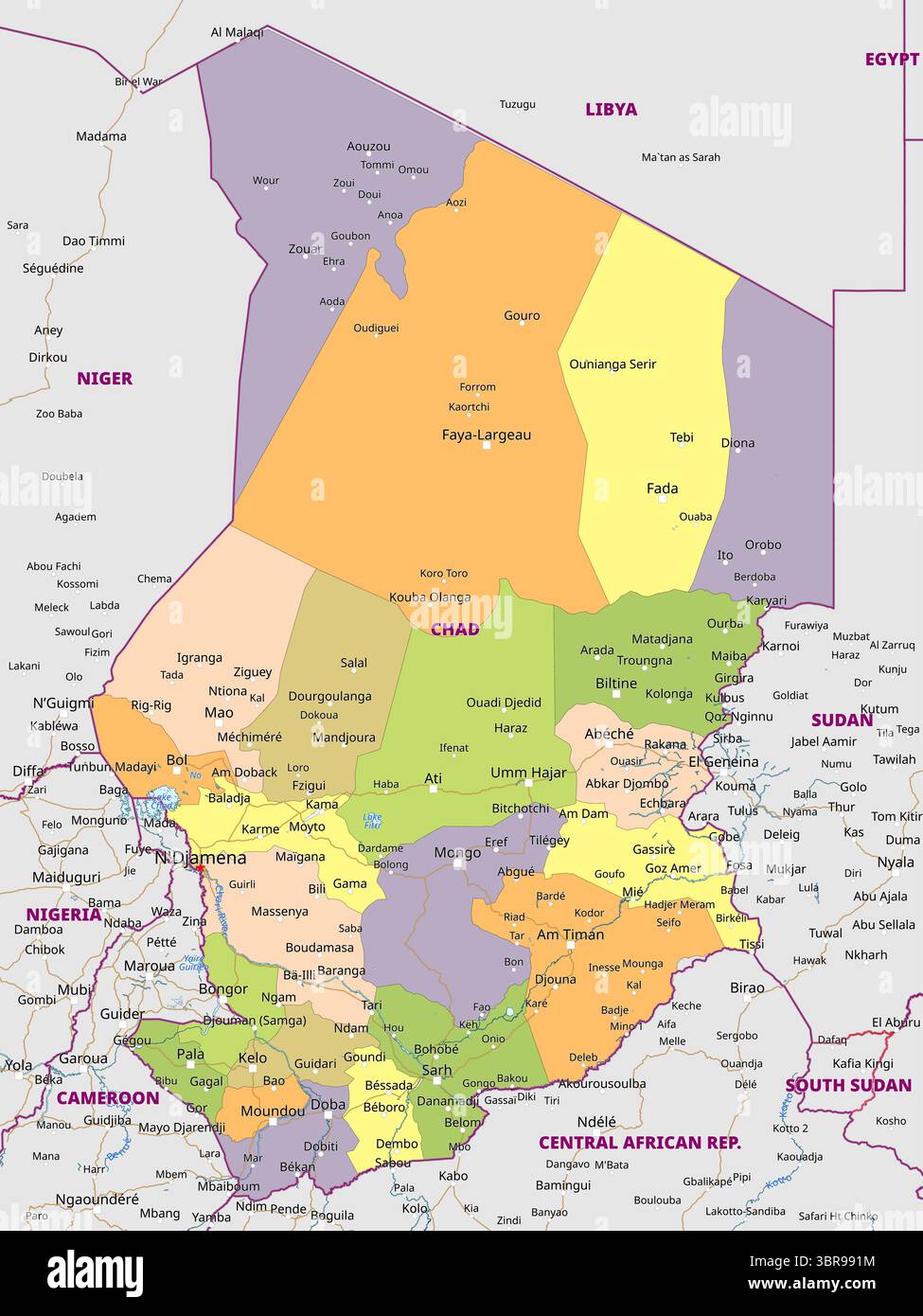 Detailed political map of Chad Stock Vector Image & Art - Alamy