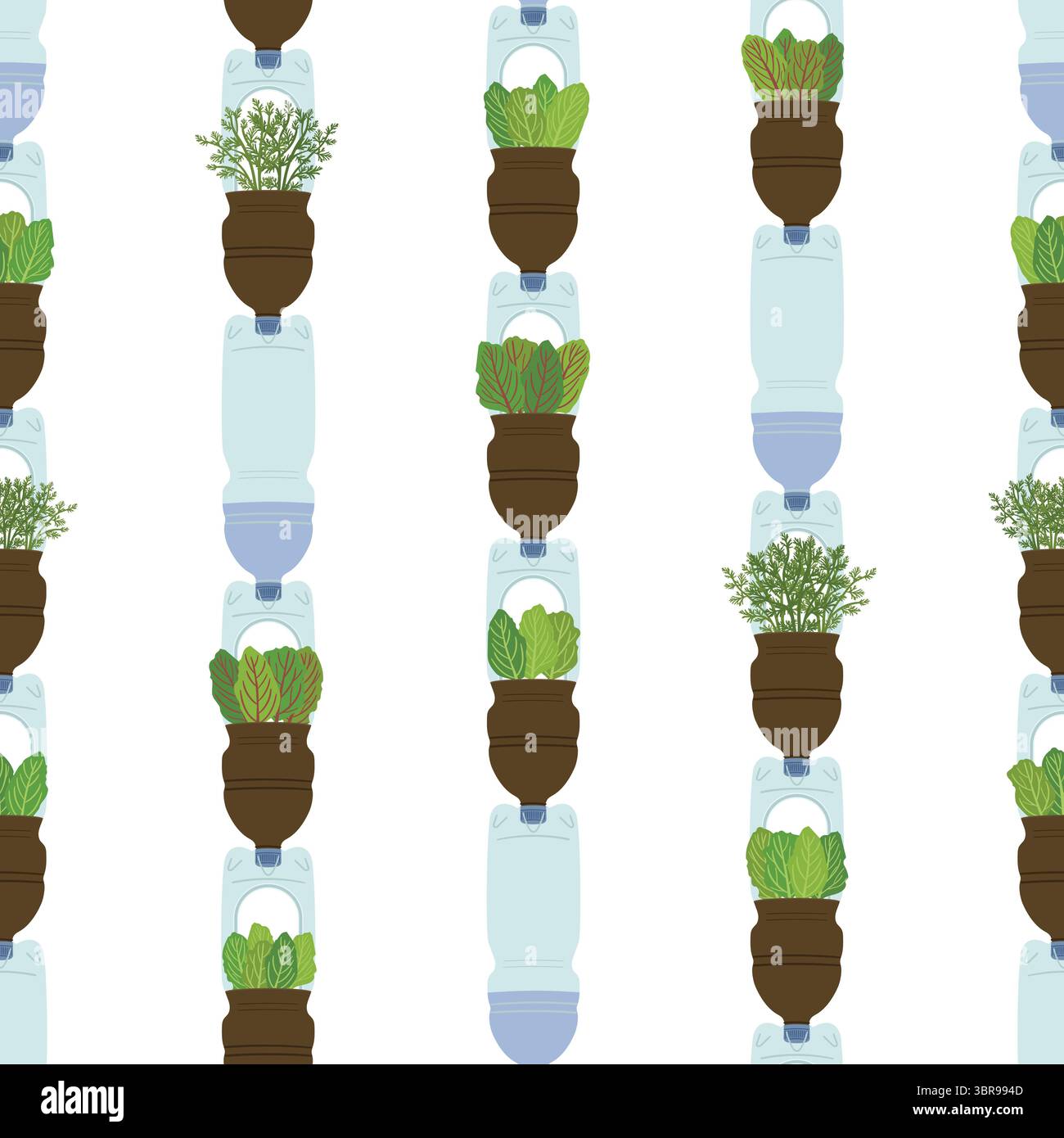 Seamless pattern of self-watering plastic bottle planters on white ...