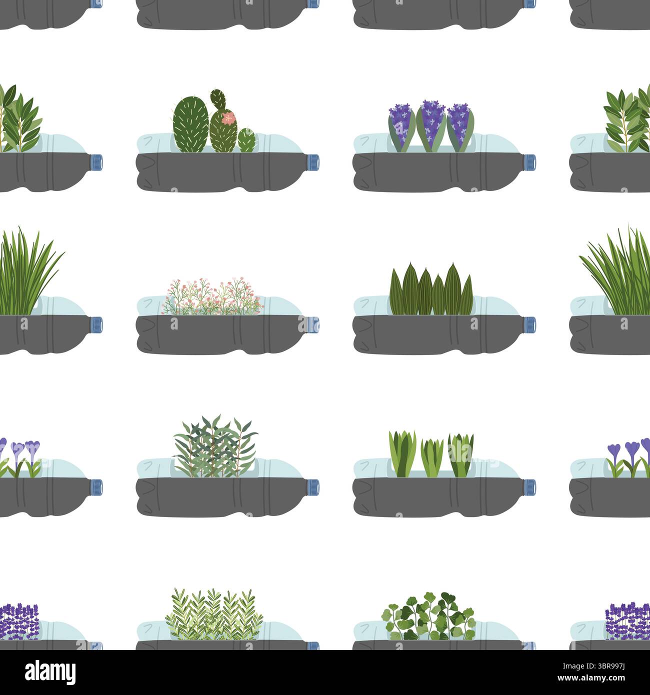 Seamless pattern of plastic bottle planters on white background ...