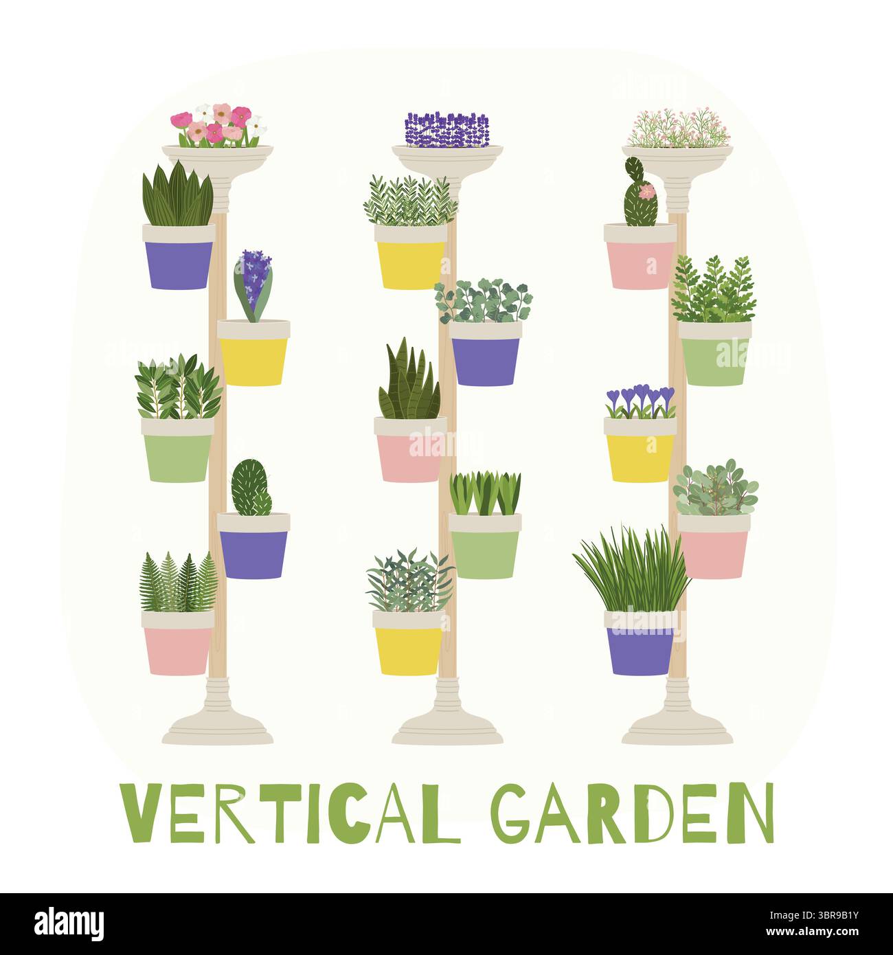 Illustration of planters with plants and flowers at home. Vertical ...
