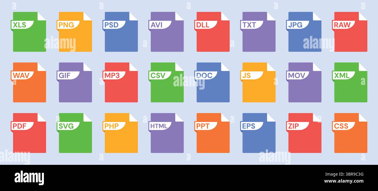 Stencil file format icons with PDF, JPG and MP3, JS and XML, DLL and ...