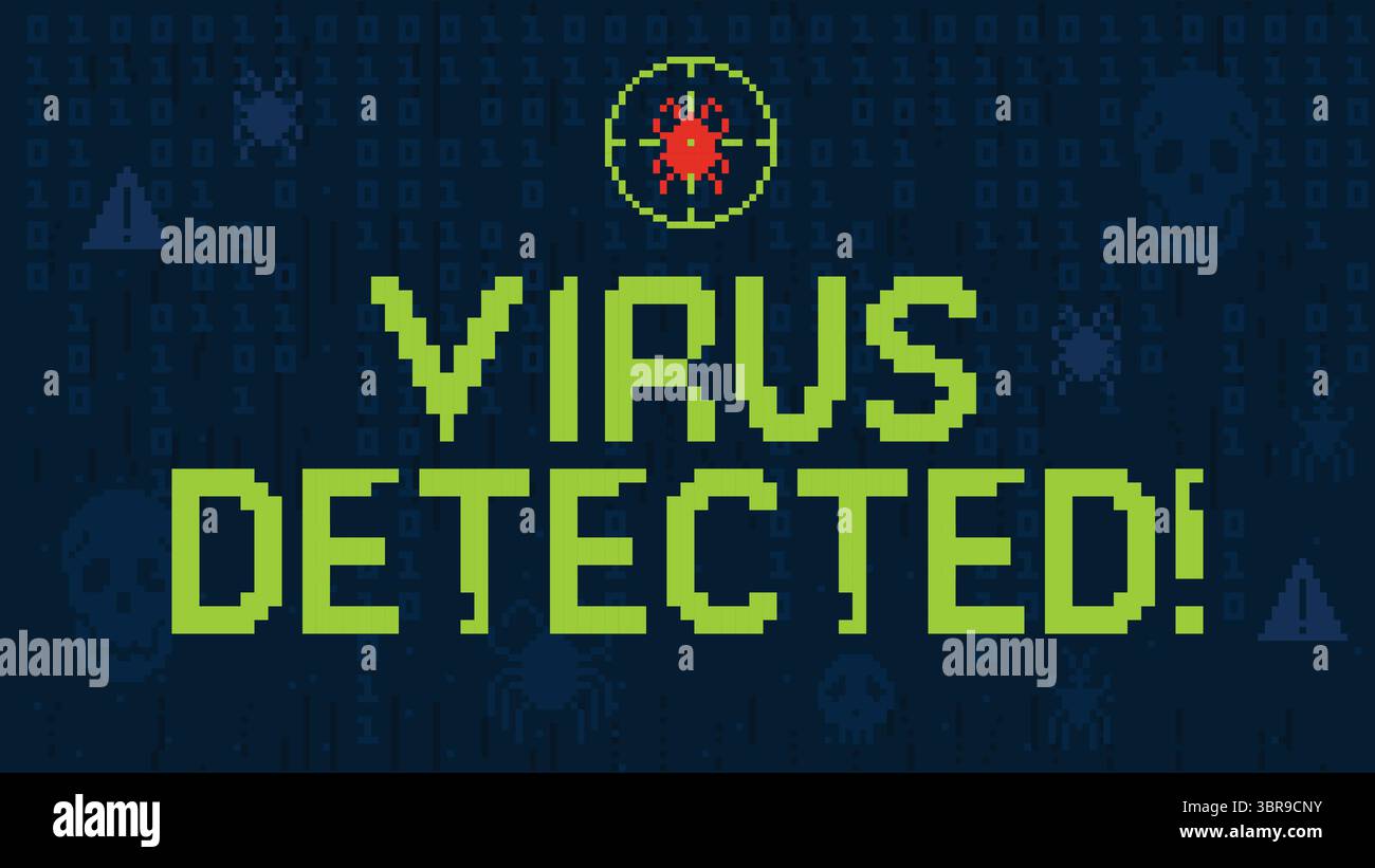 Pixelated virus detection alert screen. Pixel art cybersecurity warning ...