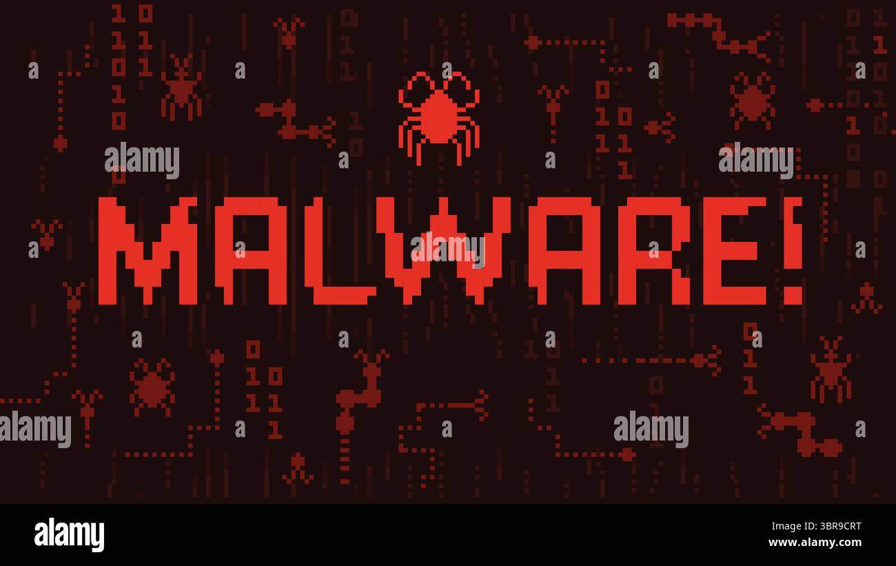 Malware alert pixel art screen. Computer virus warning, pixelated ...