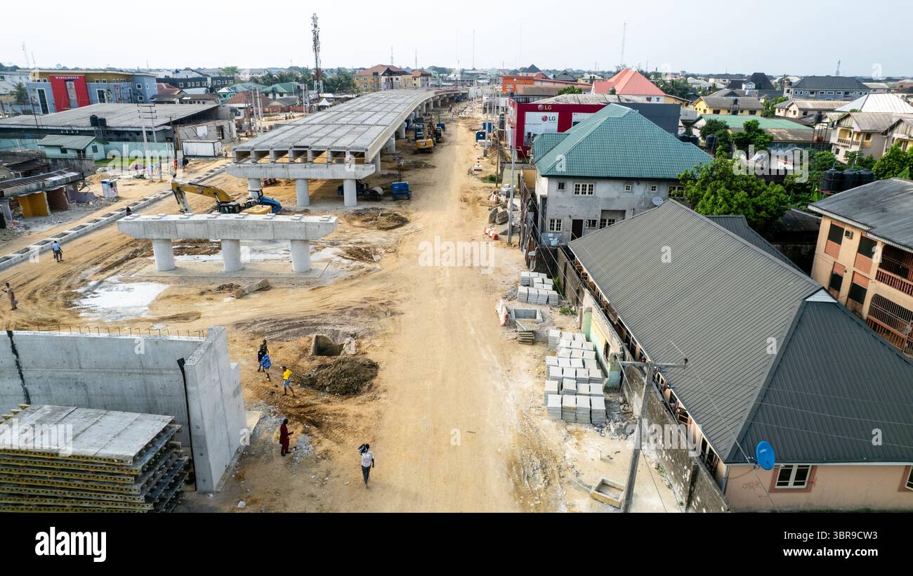 Aerial view of an elevated bridge construction site with concrete ...