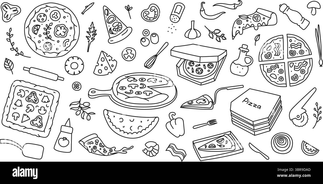 Doodle pizza. Hand drawn pizza slices, ingredients and delivery box ...