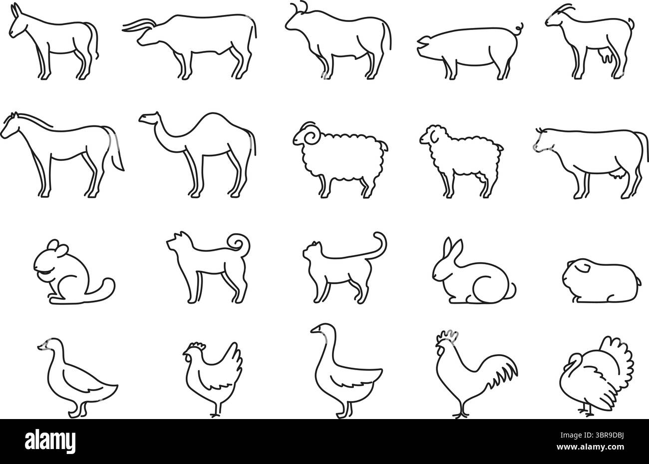 Linear farm and domestic animals. One continuous line donkey, bull, pig ...