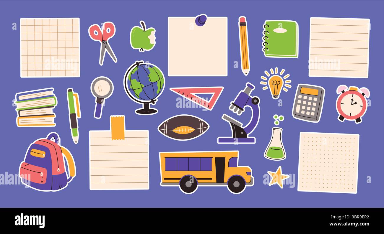 Back to school stickers. Doodle paper note, notebook, school bus ...