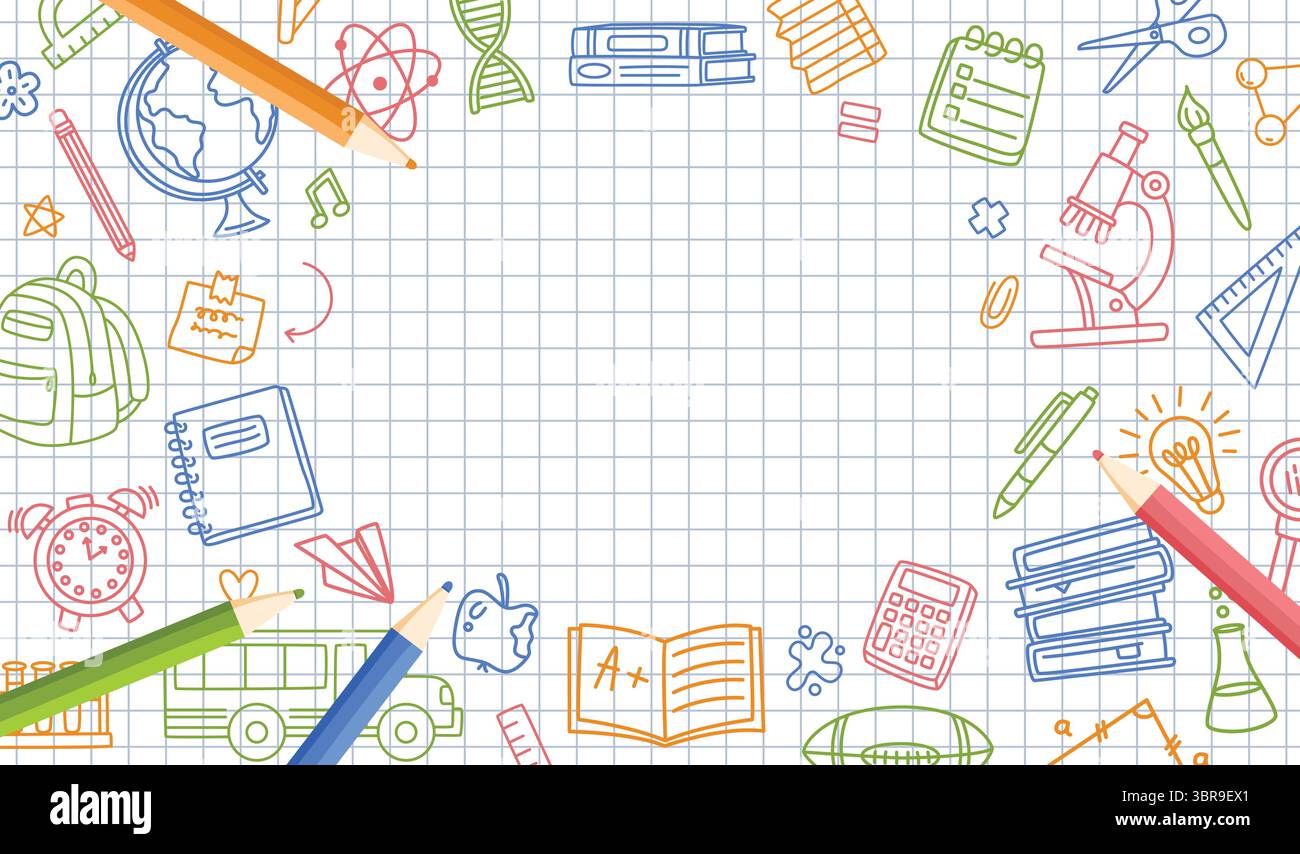 Doodle back to school frame. Educational border with hand drawn school ...
