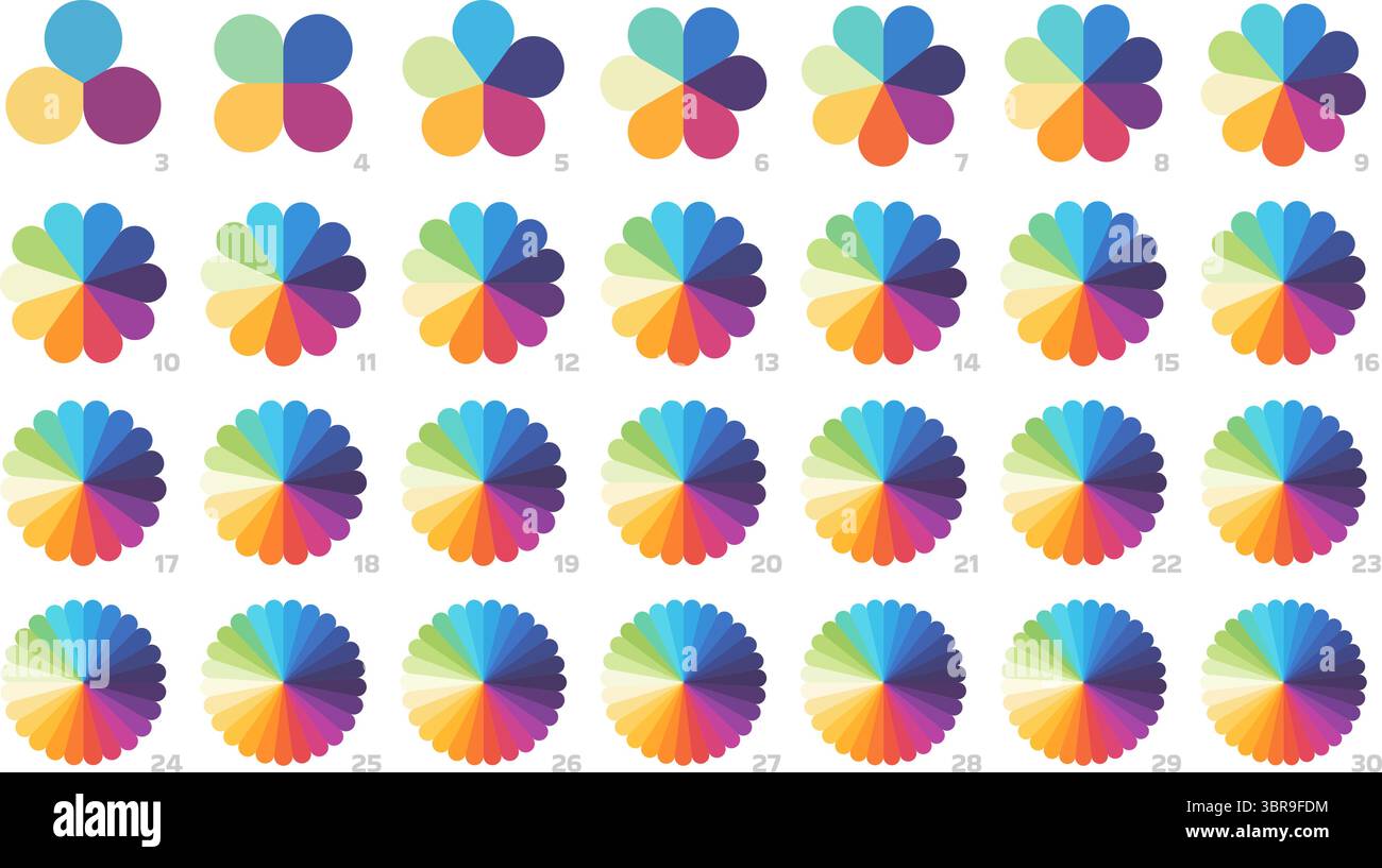 Infographic segmented flower pie graphs. Petal color wheels, multicolored circular segment ...