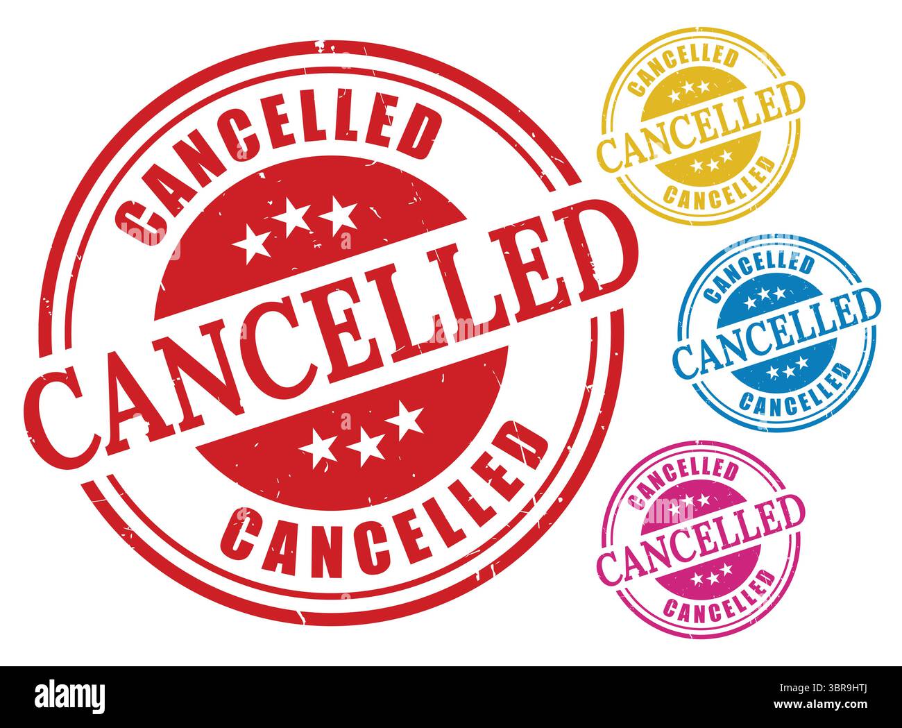 A Colorful Cancelled Stamp Set, Grunge Rubber Label Icons in Red Blue ...