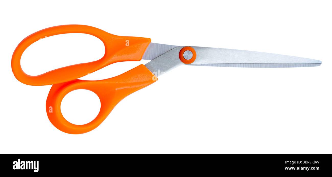 Medium multipurpose scissors with orange handle in vertical is isolated ...