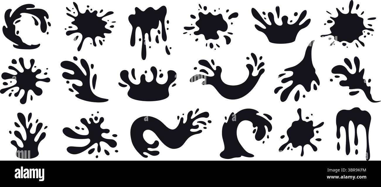 Water splash shapes with droplets. Ink splatter silhouette, paint spill ...
