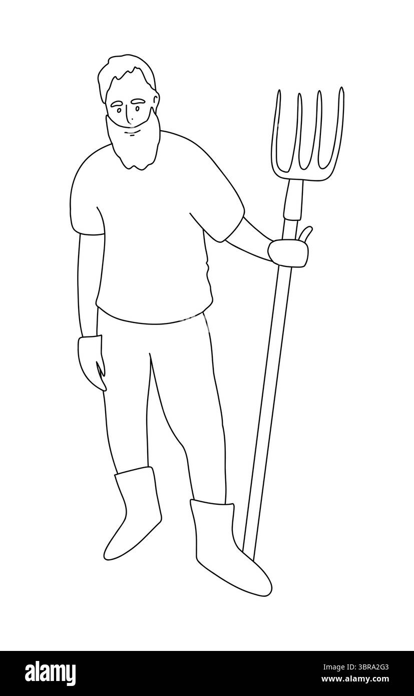 Line art vector of a farmer with pitchfork. Simple outline illustration ...