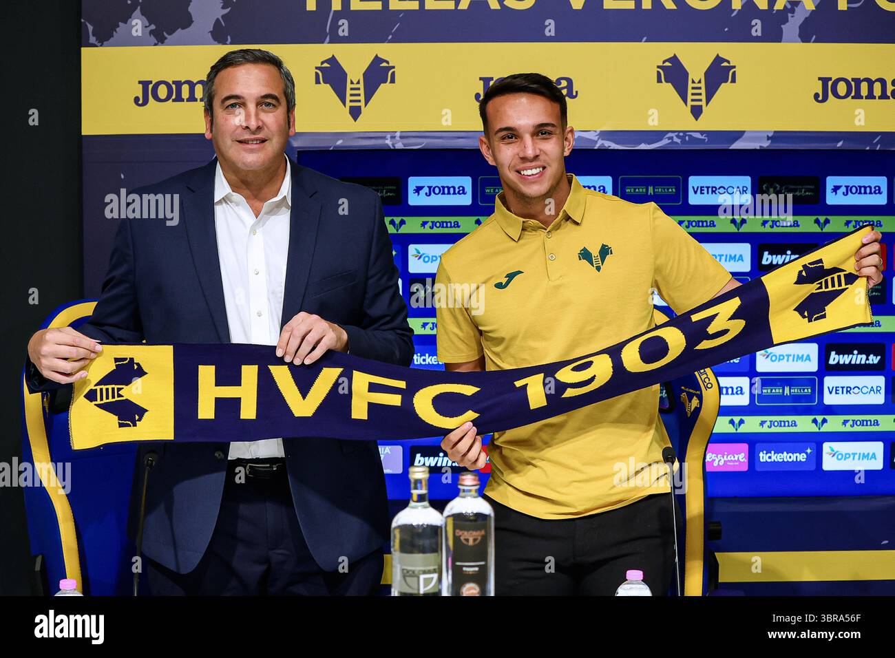 Italo Zanzi Executive Chairman of Hellas Verona FC and Giovane Santana do Nascimento take part ...