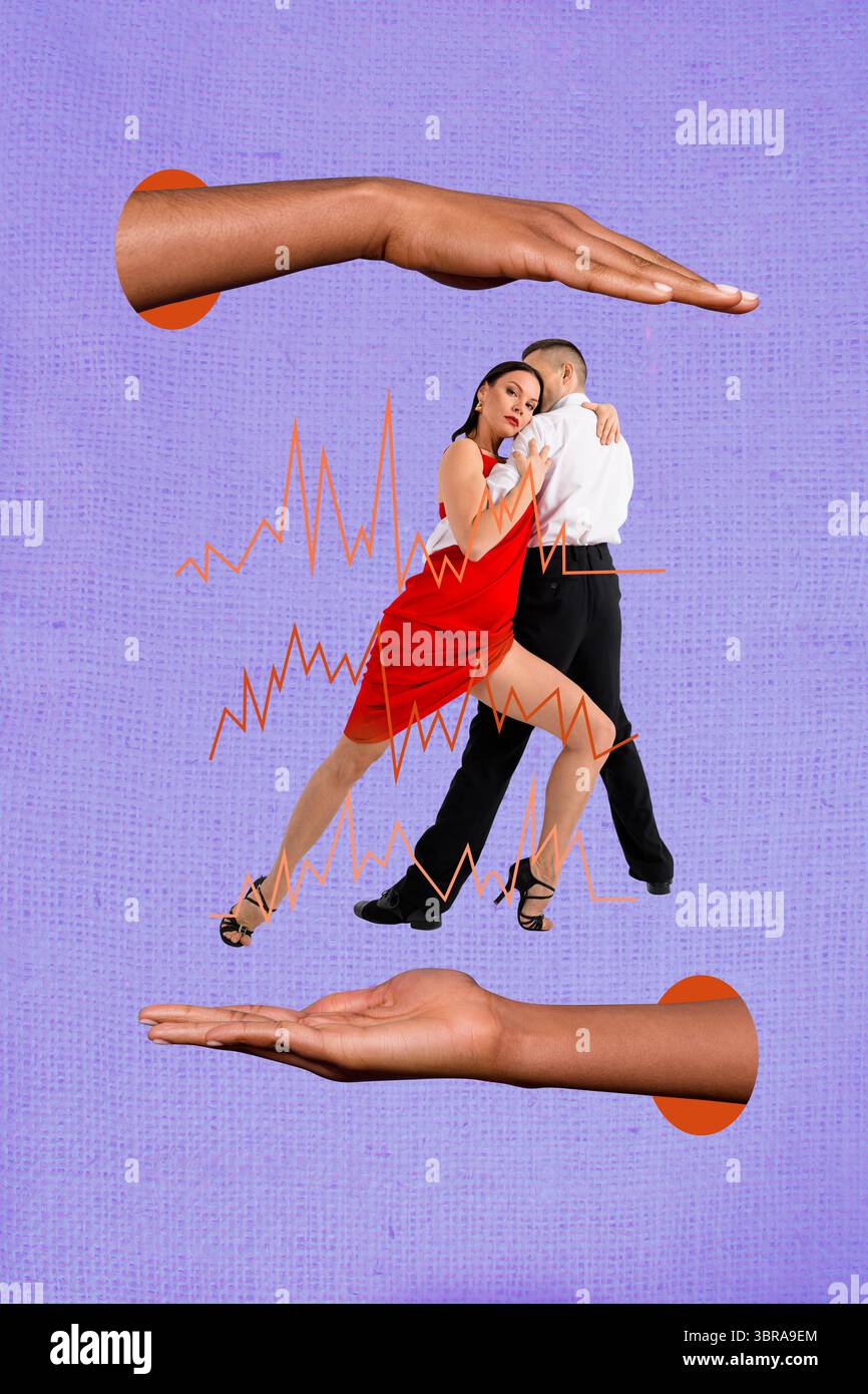 Collage of funny person standing between two protective hands with ...