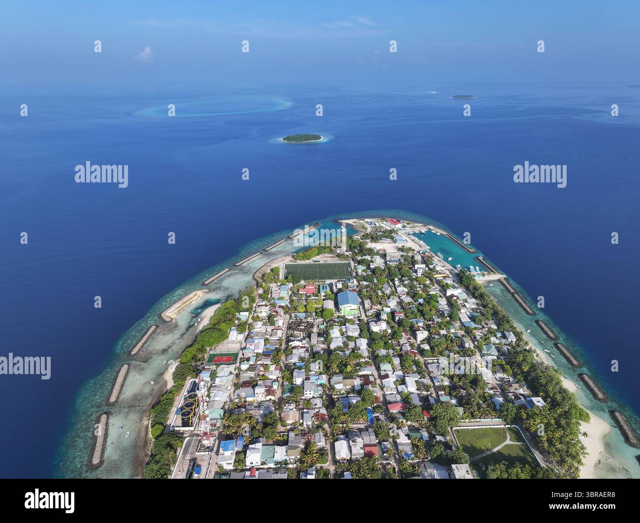 Aerial view of a densely populated island with buildings surrounded by ...