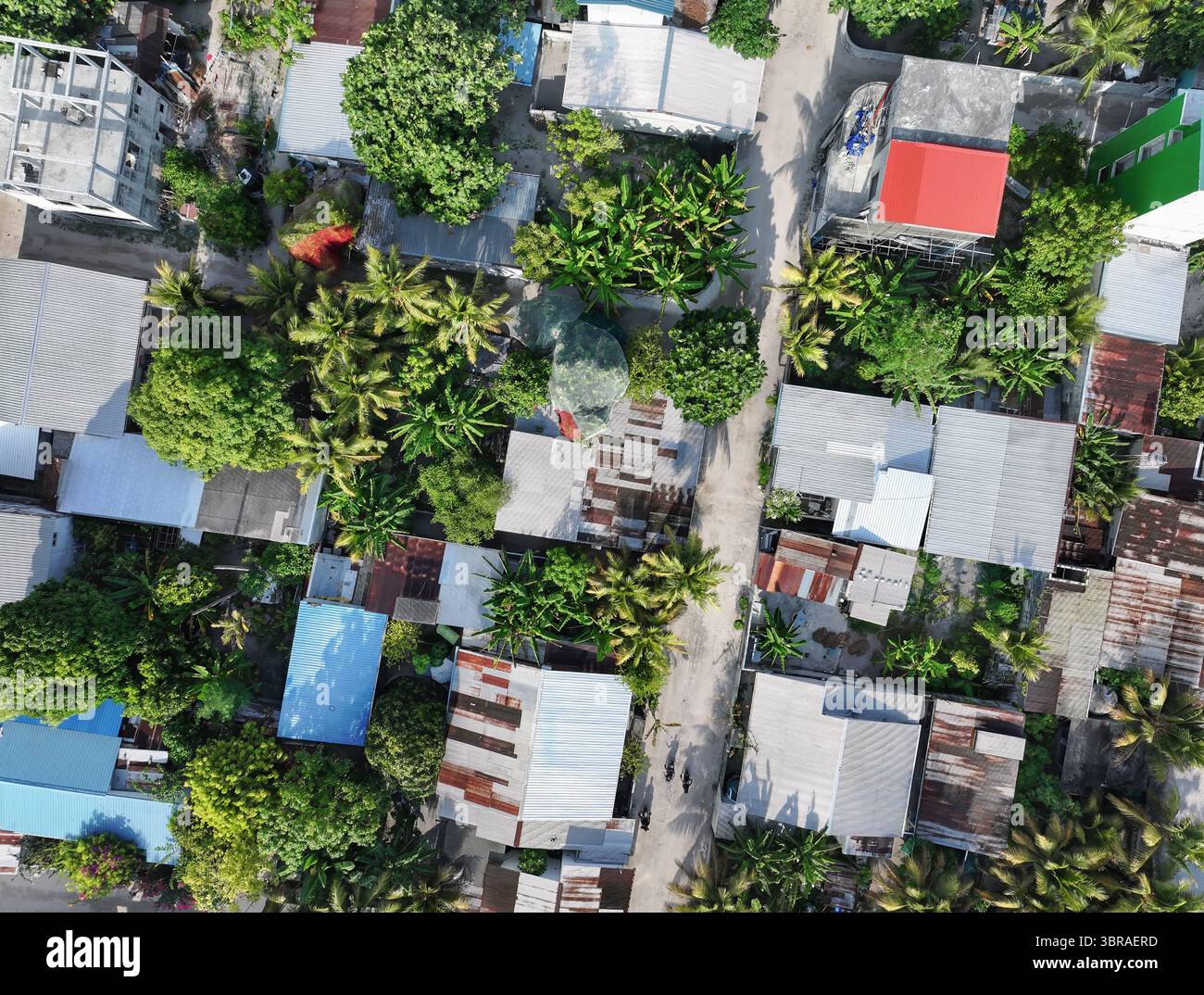 Aerial view of a tranquil village where houses with vibrant roofs ...