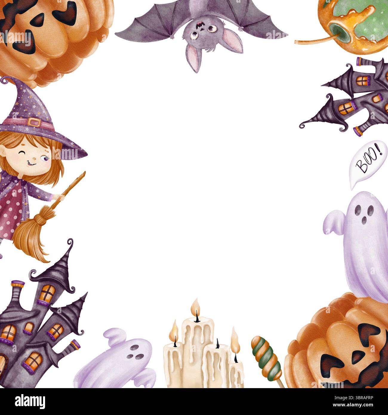 A square Halloween frame with pumpkins, ghosts, haunted houses, a witch ...