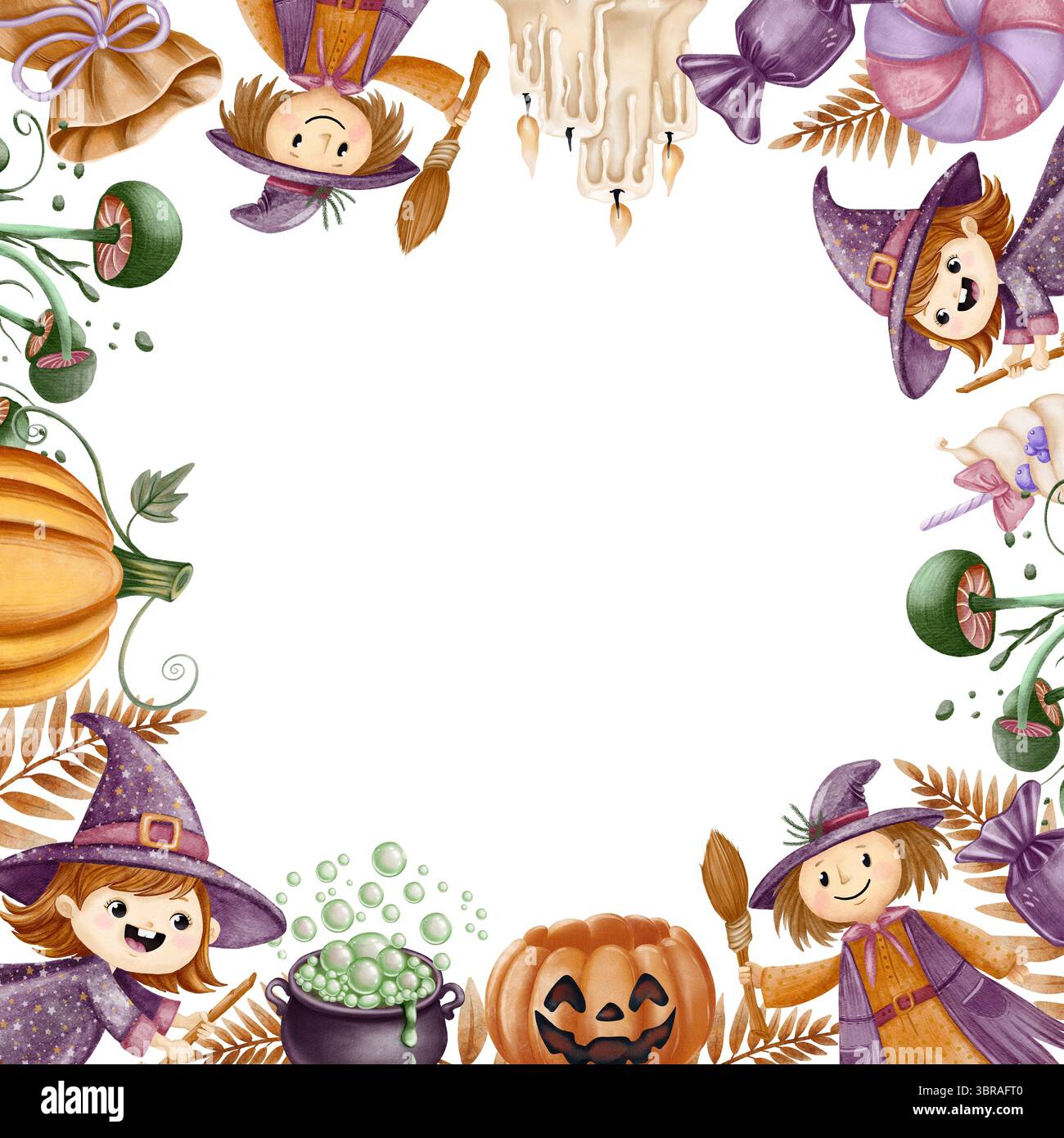 Cute Halloween frame with kids in witch costumes, pumpkins, candies ...