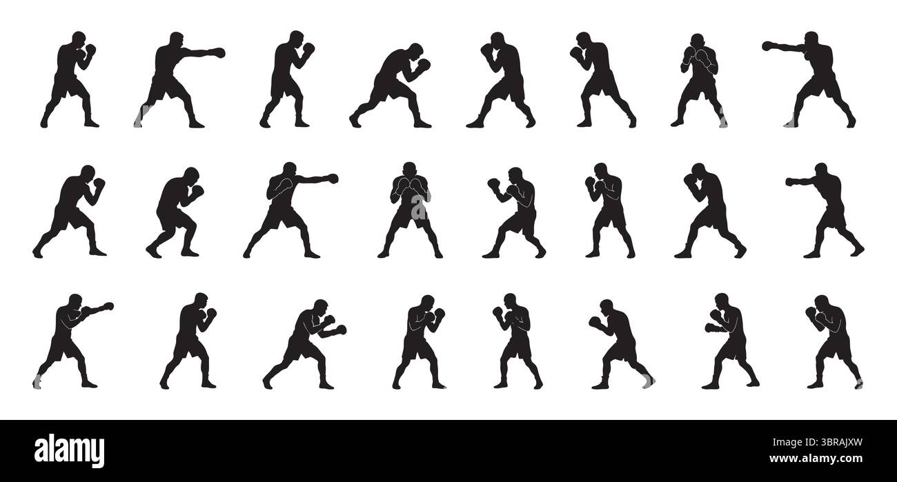 Collection of black silhouette male boxers in various poses isolated on ...