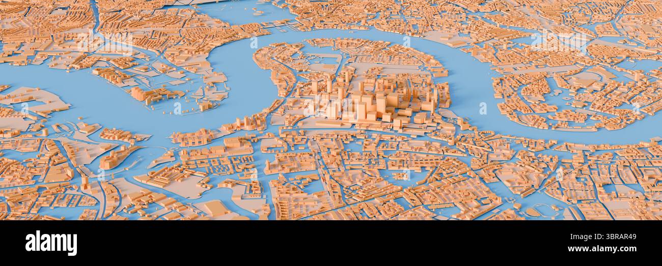 3D render color map of London cityscape. 3D illustration of an aerial ...
