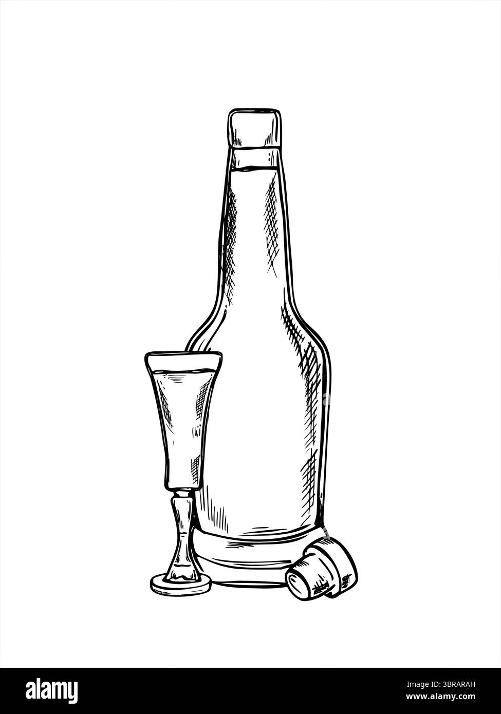 Open liquor bottle with cork, stemmed shot glass monochrome vector ...