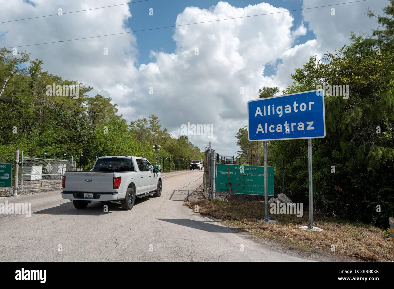 OCHOPEE, FLORIDA - JULY 11: Alligator Alcatraz sign at the entrance to ...